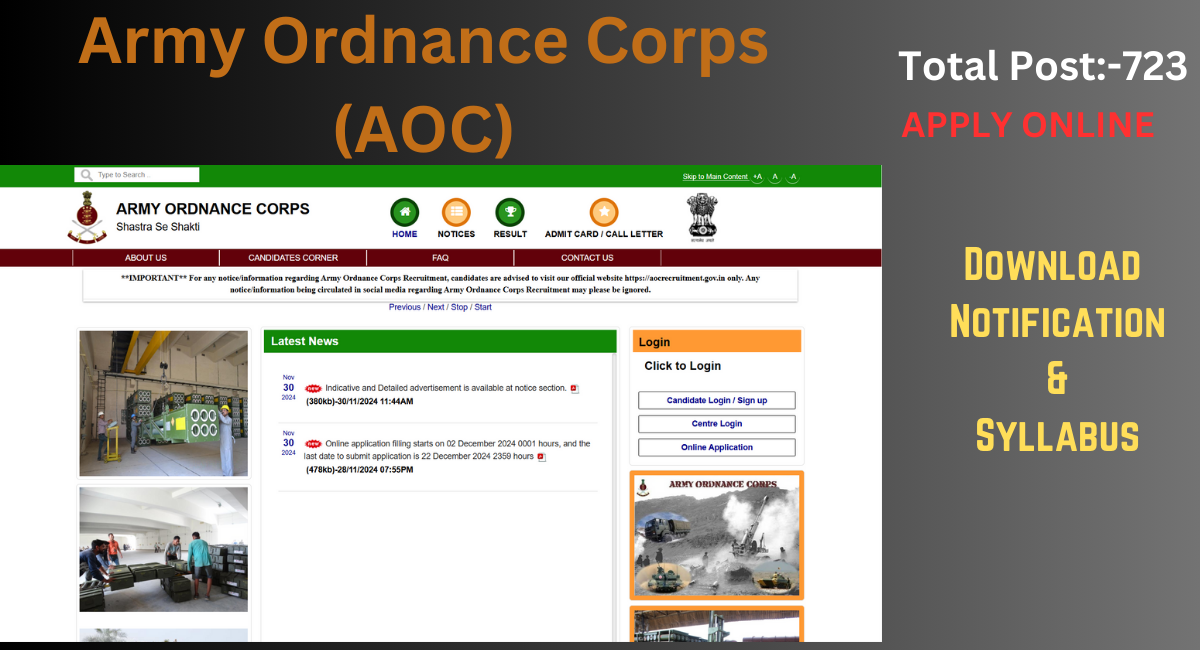 Army Ordnance Corps AOC Various Post Online Form 2024 for 723 Post || AOC Recruitment 2024 ...